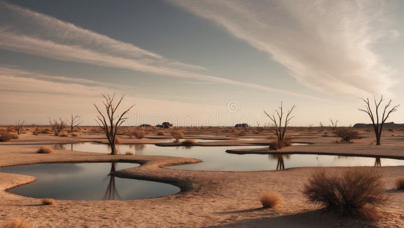 A Desolate Desert Landscape with a Few Small Ponds Scattered Throughout ...