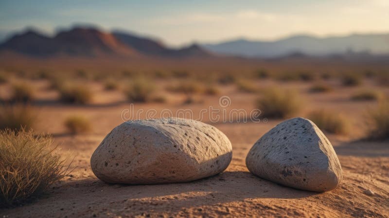 A Desolate Desert Landscape with a Large Rock in the Foreground. Stock ...