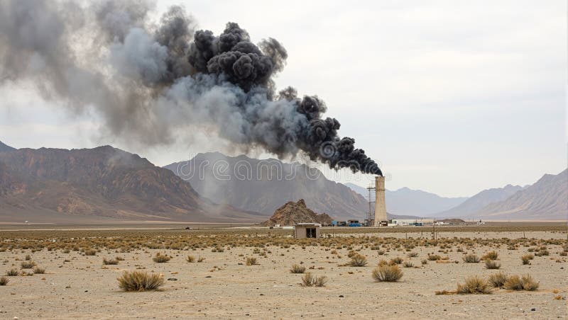 Desolate Desert Landscape with Smoke Tower Emitting Black Smoke ...