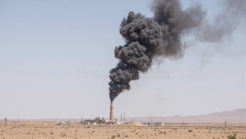 Desolate Desert Landscape with Smoke Tower Emitting Black Smoke ...