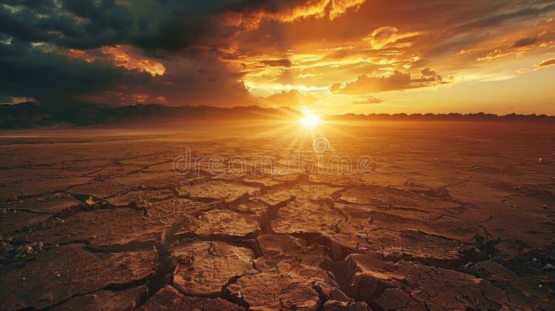 A Desolate Desert Landscape with a Sun Setting in the Background Stock ...