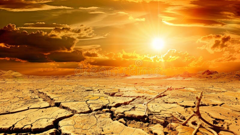 A Desolate Desert Landscape with a Sun Setting in the Background Stock ...
