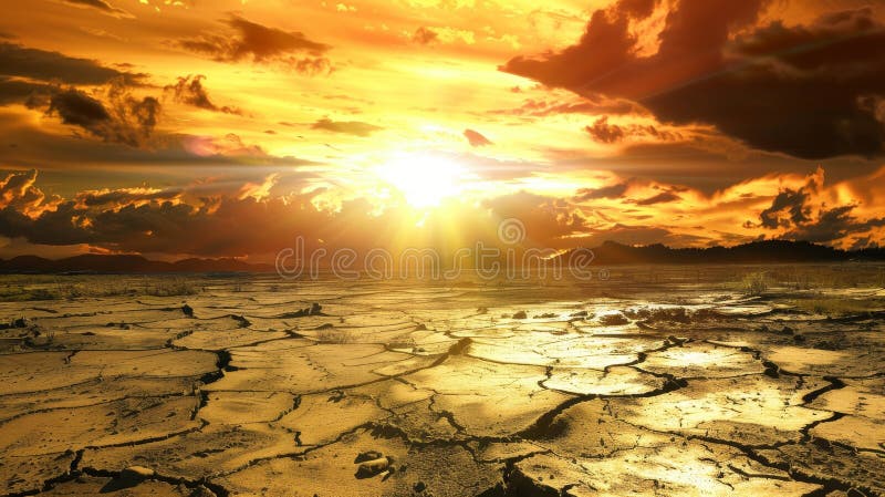 A Desolate Desert Landscape with a Sun Setting in the Background Stock ...