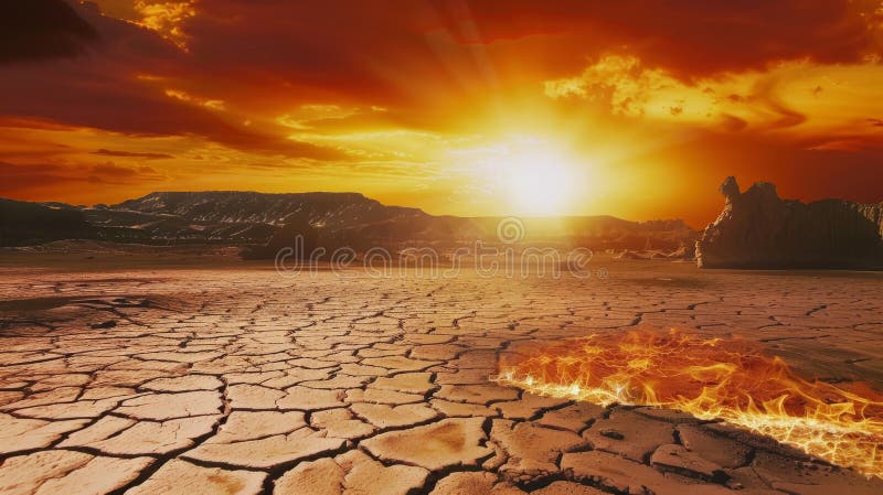 A Desolate Desert Landscape with a Sun Setting in the Background Stock ...