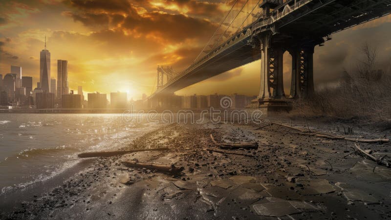 A Desolate Desert Landscape with a Sun Setting in the Background Stock ...