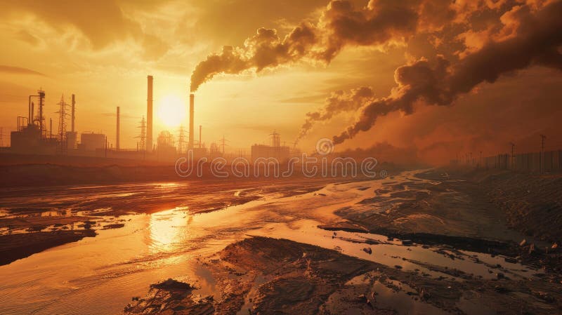 A Desolate Desert Landscape with a Sun Setting in the Background Stock ...