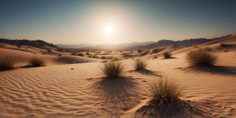 A Desolate Desert Landscape with a Sun in the Sky. Stock Photo - Image ...