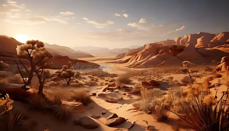 A Desolate Desert Landscape at Sunset with Mountains and Dry Vegetation ...