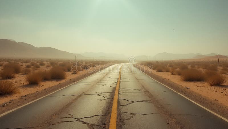Desolate Desert Road Cracked Asphalt Weeds Sand Dunes Stock ...
