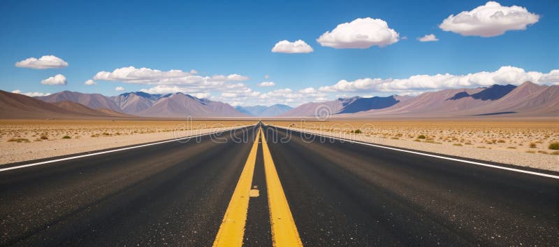 A Desolate Desert Road Leads To Distant Red Mountains Beneath a Clear ...