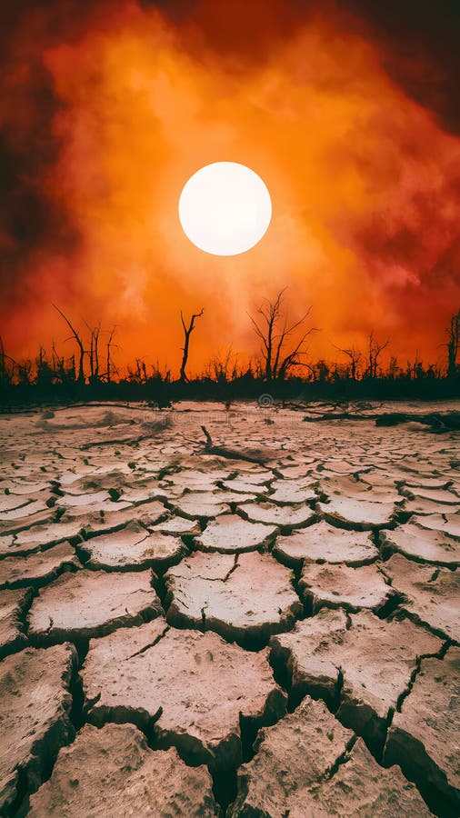 Desolate Desert Scene with Dry, Cracked Earth and Silhouettes of Dead ...