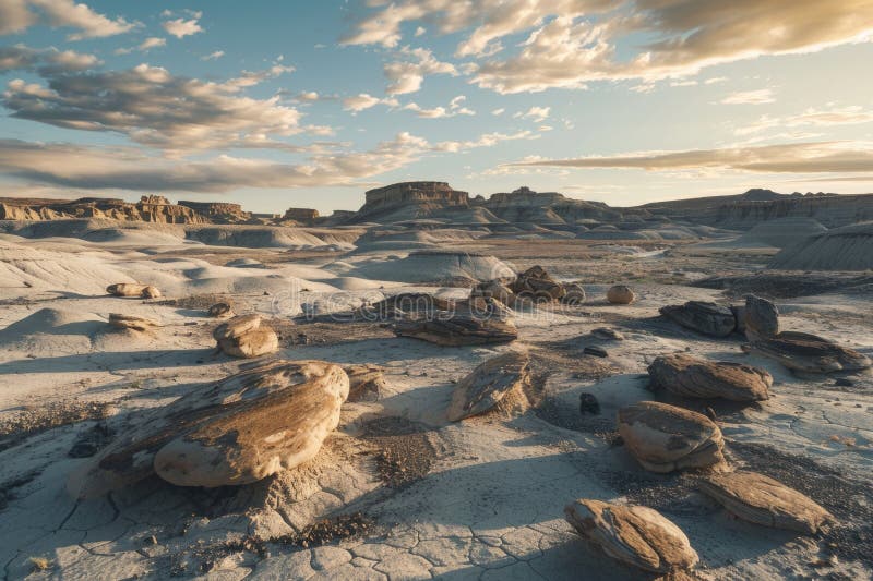 A Desolate Desert Scene Featuring Rocky Formations and Sandy Terrain ...