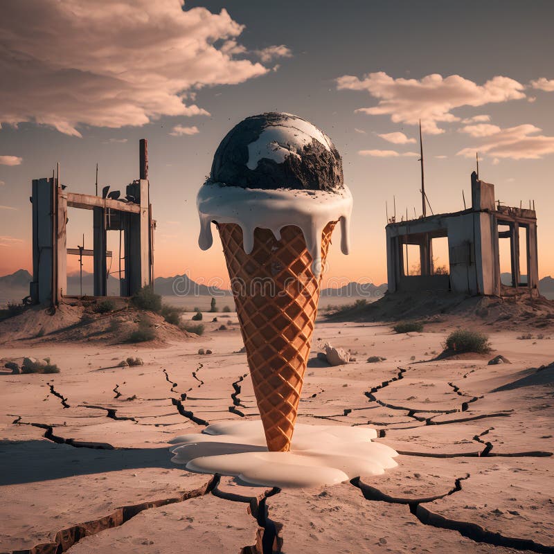 Desolate Earth with Melting Ice Cream Cone, Dilapidated Structures ...