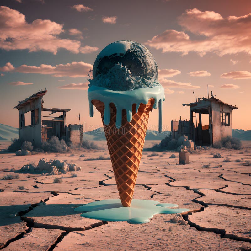 Desolate Earth with Melting Ice Cream Cone, Dilapidated Structures ...
