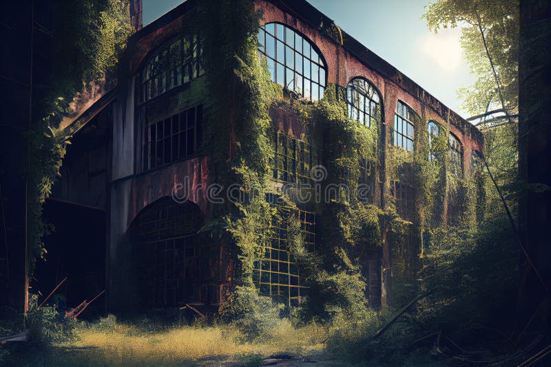Desolate Factory, Surrounded by Overgrown Foliage and Broken Windows ...