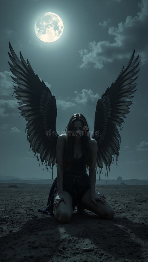 Desolate Fallen Angel with Tattered Wings in Moonlight Stock ...