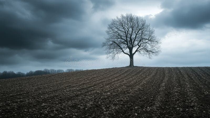 Desolate Field with Lonely Tree Stock Photo - Image of dramatic, clouds ...