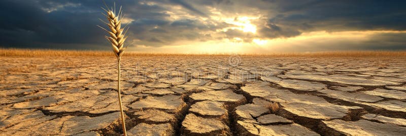 Desolate Field with a Single Stalk of Withered Wheat Against a Dramatic ...