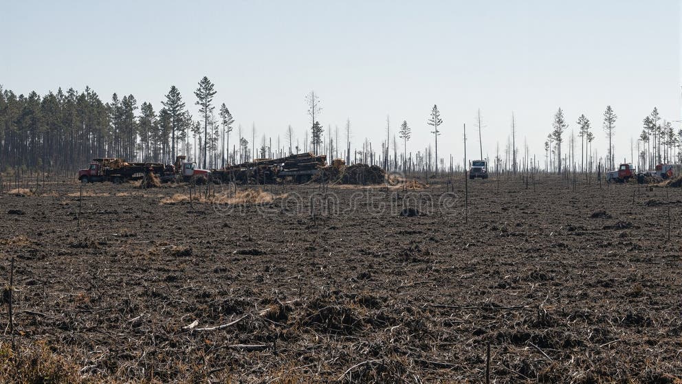 Desolate Forest Clearing with Logging Trucks Loading Timber Silhouetted ...
