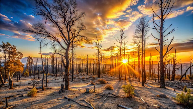 Desolate Forest after a Devastating Wildfire a Grim Sunset Reflects the ...