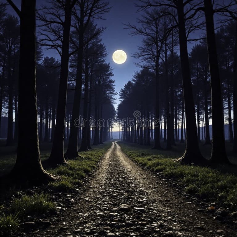 Desolate Forest at Dusk with a Full Moon Casting Long Eerie Shadows ...
