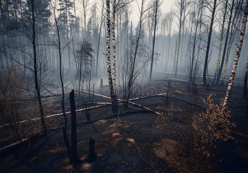Desolate Forest Landscape Showing the Aftermath of a Wildfire. Charred ...