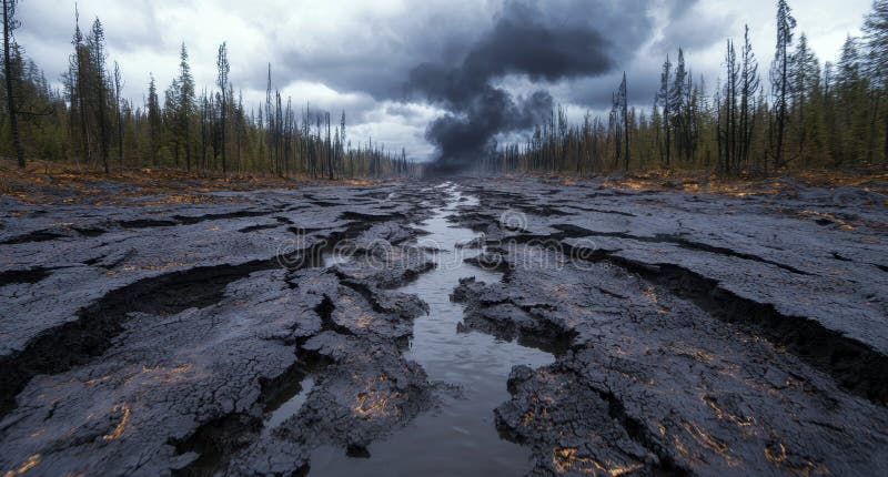 Desolate Forest Landscape after a Wildfire Stock Illustration ...