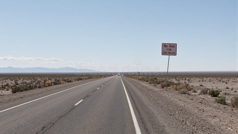 Desolate Highway Scene with No Gas for 200 Miles Sign Stock ...