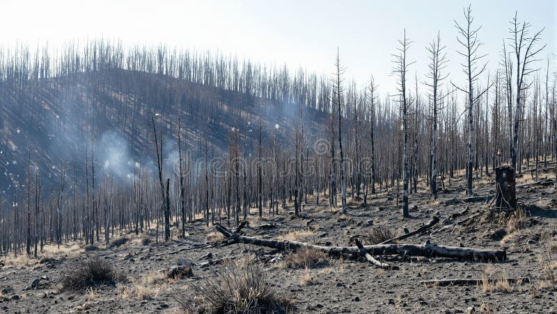 Desolate Hillside with Burned Trees and Fallen Trunks Ash Blowing in ...