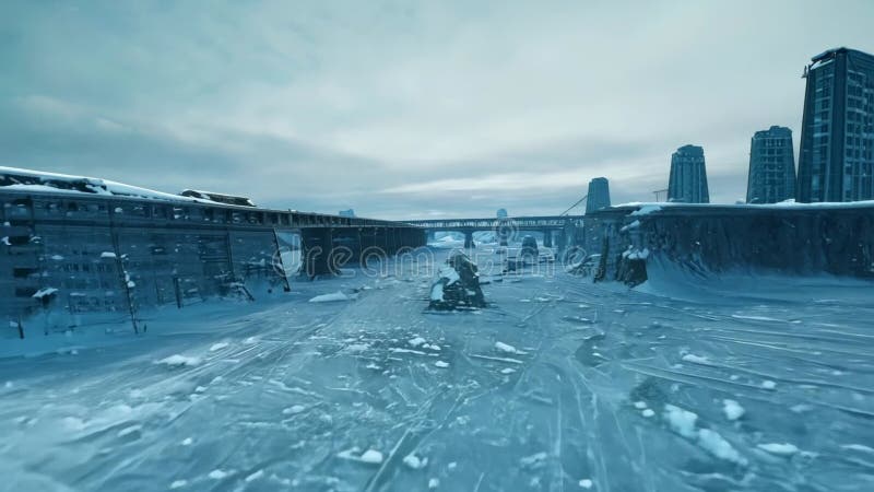 Post-apocalyptic Snowy Landscape with Ruined City and Bridge in the ...