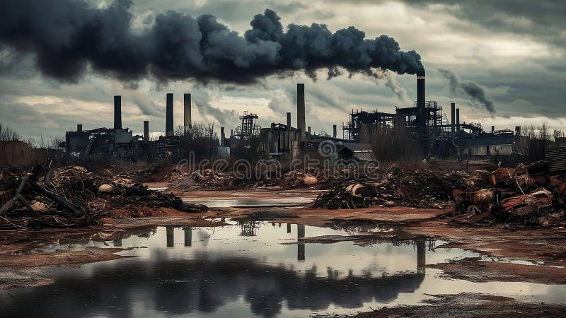 Desolate Industrial Zone with Decaying Factories, Thick Smoke, and ...