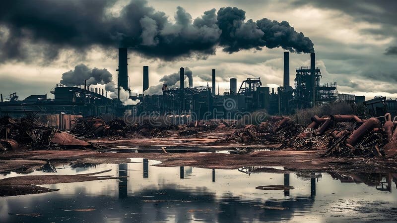 Desolate Industrial Zone with Decaying Factories, Thick Smoke, and ...
