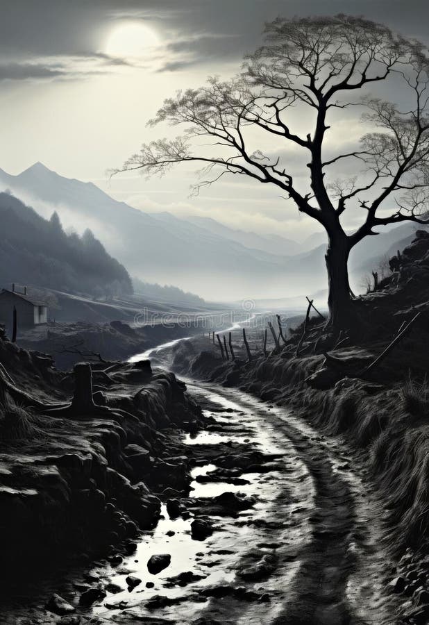 Desolate Landscape with Bare Tree and Winding Path in Moody Monochrome ...