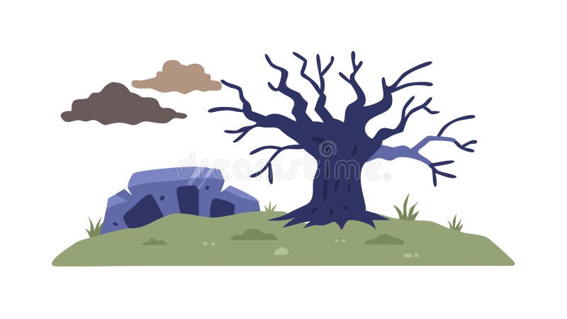 Desolate Landscape with Dead Tree, Environmental Disaster, Vector ...