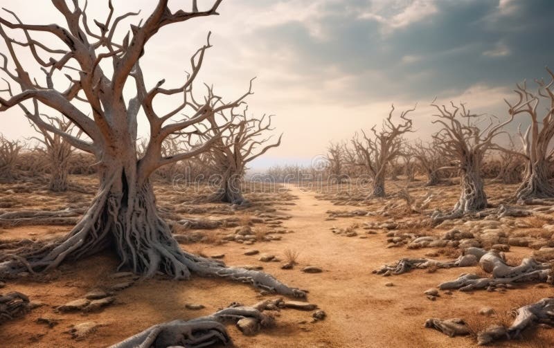 Desolate Landscape with Dead Trees and a Path. Created by Generative ...