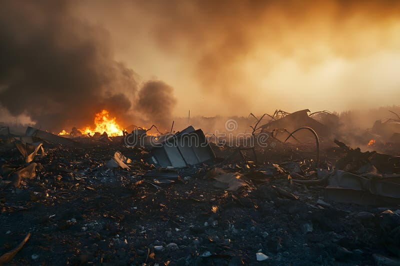 Desolate Landscape of Destruction and Fire in Aftermath of Devastation ...