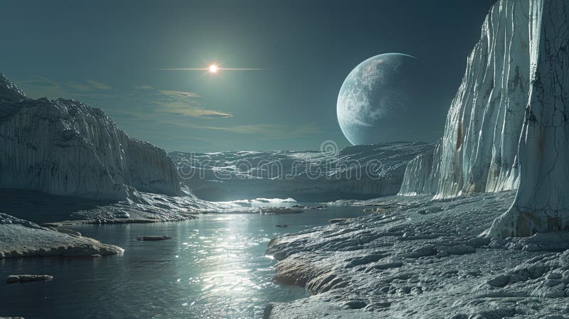 A Desolate Landscape with a Large Planet in the Background Stock Photo ...