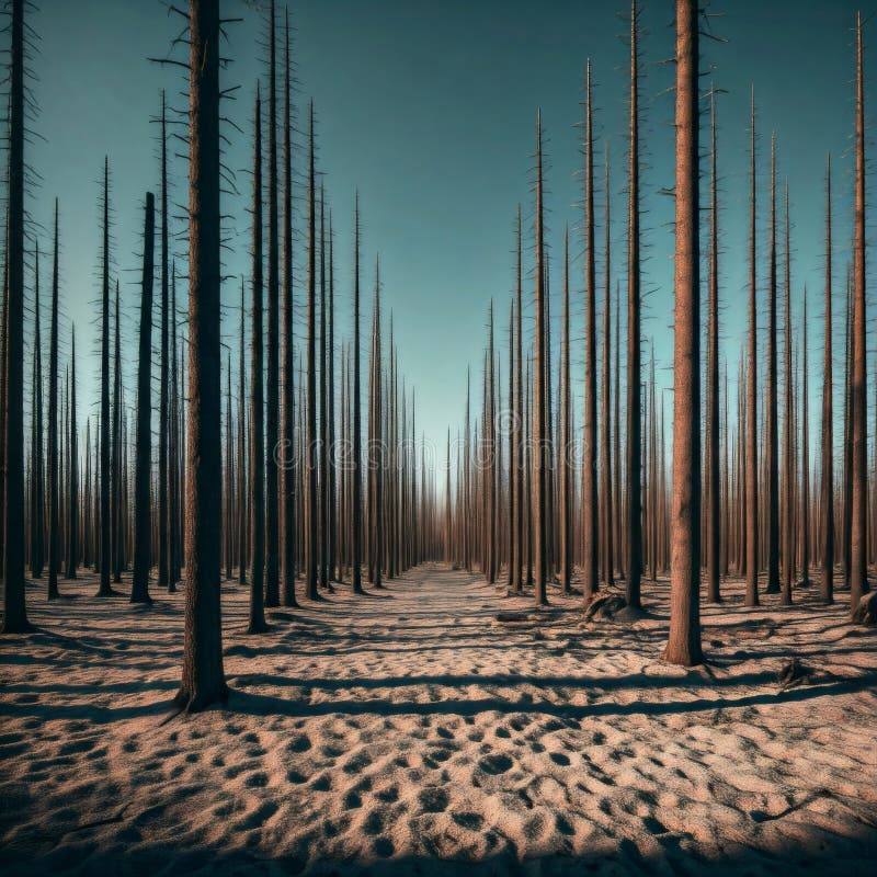 Desolate Landscape of Leafless Trees Standing on Sandy Ground Stock ...