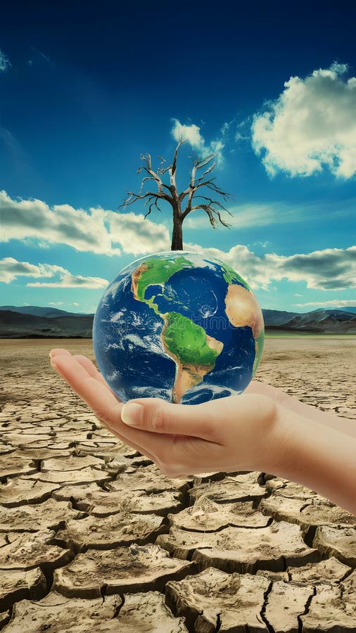 Desolate Landscape with Lone Tree, Cracked Earth, and Globe Symbolizing ...