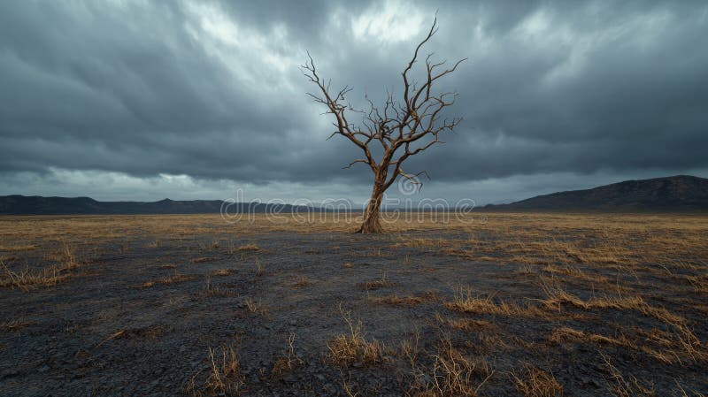 A Desolate Landscape with a Lone Tree Under a Stormy Sky. Stock ...