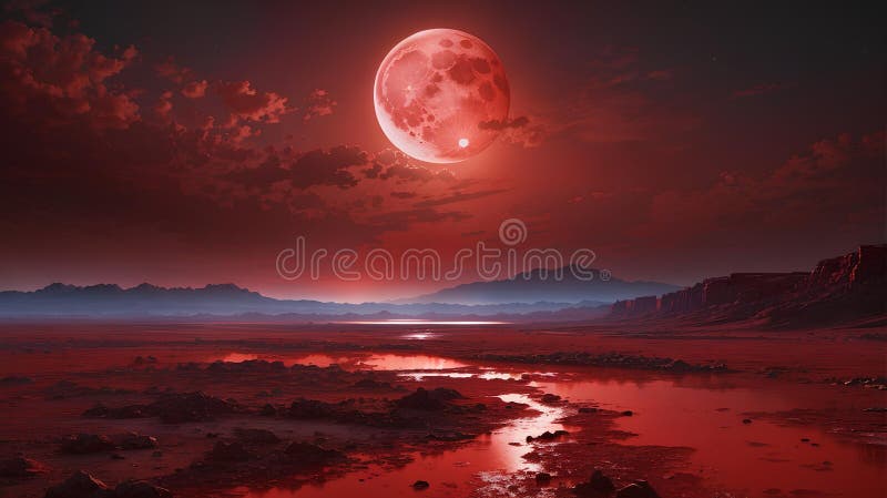 Desolate Landscape with Red Moon in the Sky Stock Illustration ...