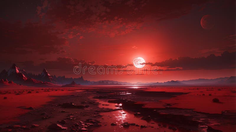 Desolate Landscape with Red Moon in the Sky Stock Illustration ...