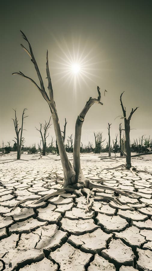 Desolate Landscape with Skeletal Trees, Cracked Earth, and Clear Sky ...