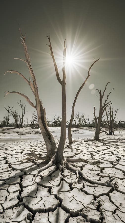Desolate Landscape with Skeletal Trees, Cracked Earth, and Clear Sky ...