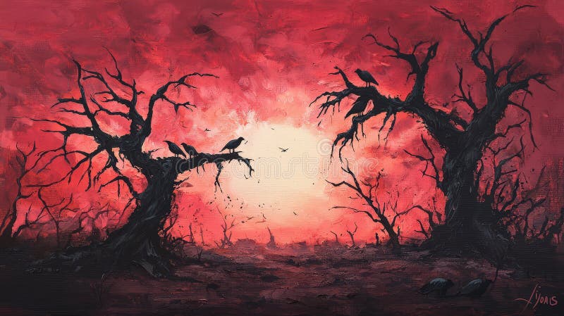 Desolate Landscape with Twisted Trees and Crows Haunting Sunset Digital ...