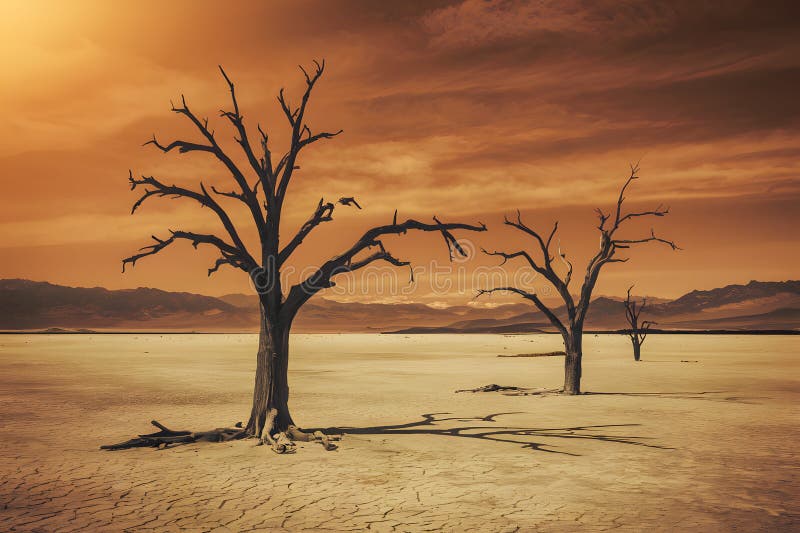 Desolate Landscape with Two Trees, Cracked Ground, and Fiery Sky Stock ...