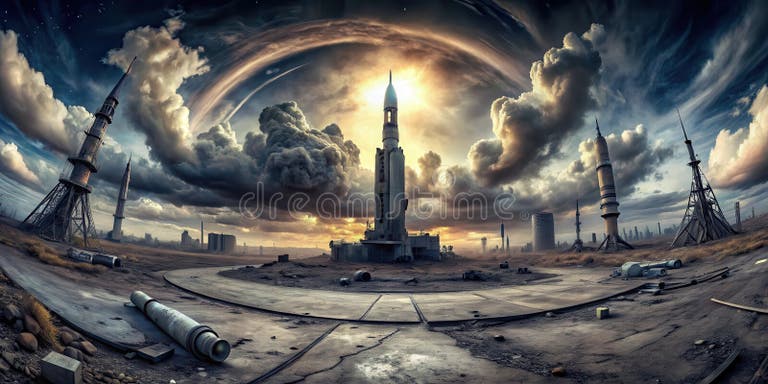 A Desolate Launch Complex Silhouetted Rockets and Derelict Structures ...