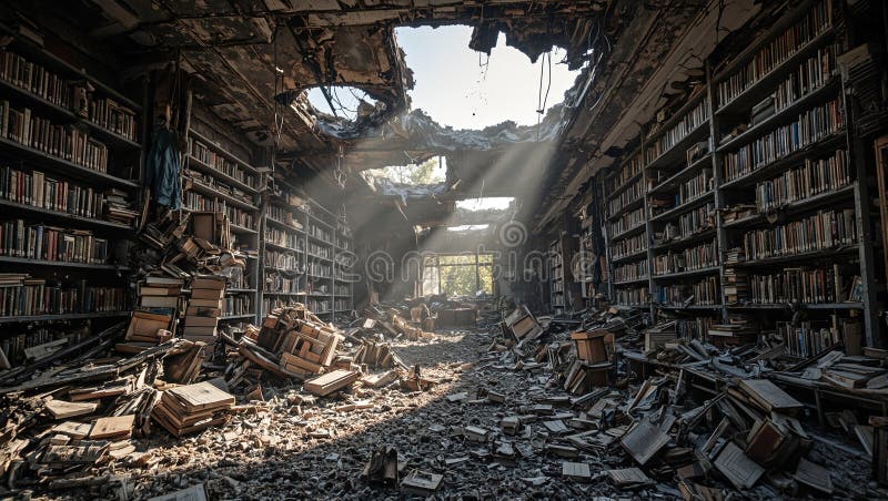 Desolate Library with Charred Books Fallen Shelves and Sunlight through ...