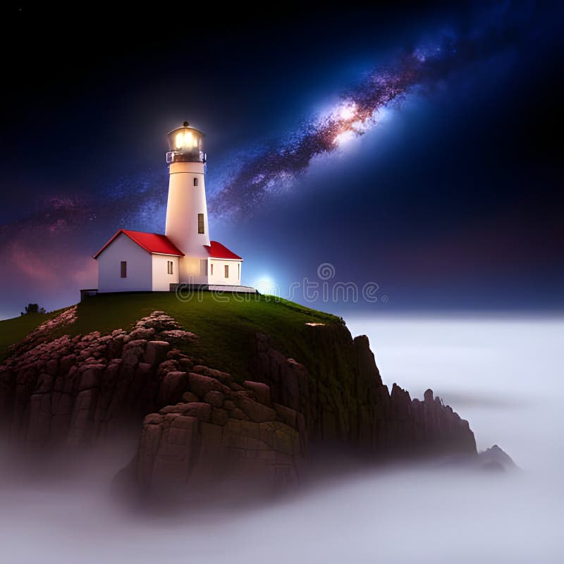 Desolate Lighthouse on the Cliff Over Sea Illuminated at Night ...
