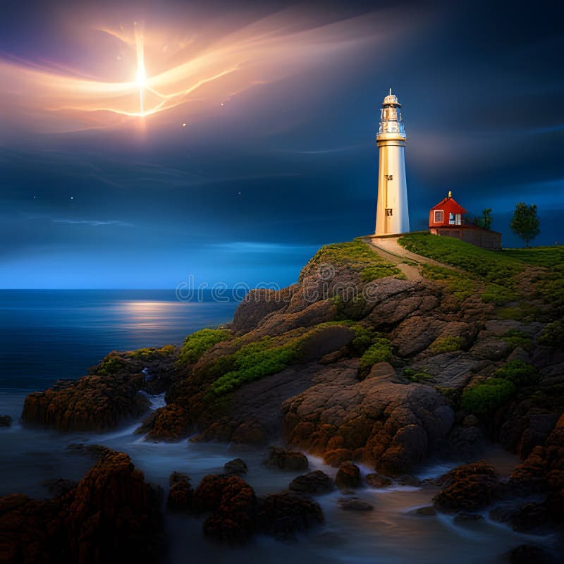 Desolate Lighthouse on the Cliff Over Sea Illuminated at Night ...